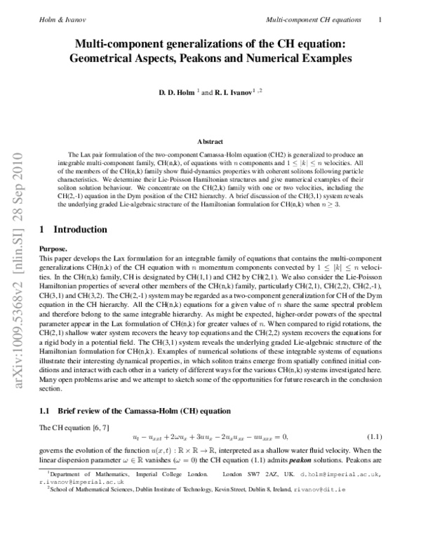 (PDF) Multi-component generalizations of the CH equation: geometrical ...