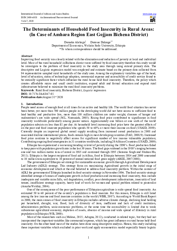 (PDF) The Determinants of Household Food Insecurity in Rural Areas: (In ...