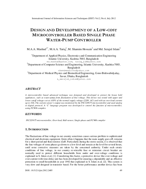 Pdf Design And Development Of A Low Cost Microcontroller Based Single Phase Water Pump Controller
