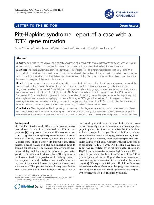 (PDF) Pitt-Hopkins syndrome: report of a case with a TCF4 gene mutation
