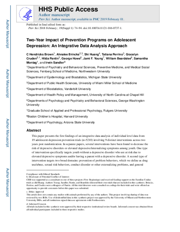 (PDF) Two-Year Impact of Prevention Programs on Adolescent Depression ...