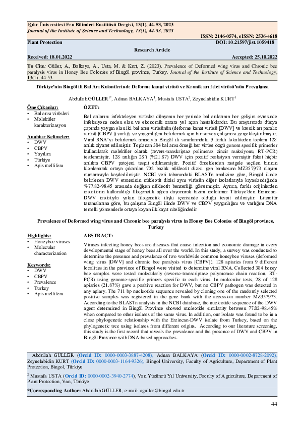 (PDF) Prevalence of Deformed wing virus and Chronic bee paralysis virus ...