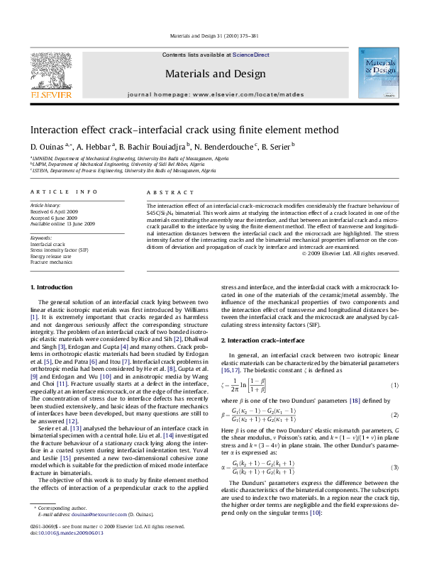 (PDF) Interaction effect crack-interfacial crack using finite element method