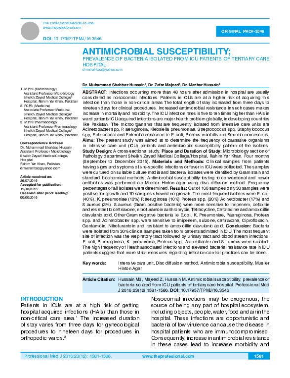 (PDF) Antimicrobial Susceptibility; Prevalence of Bacteria Isolated from Icu Patients of ...