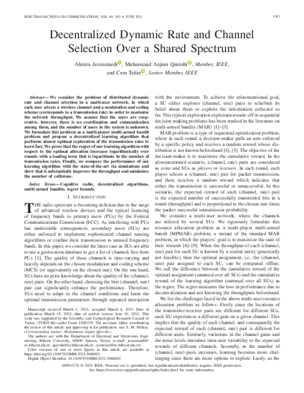 (PDF) Decentralized Dynamic Rate and Channel Selection Over a Shared Spectrum | Muhammad Arqum ...