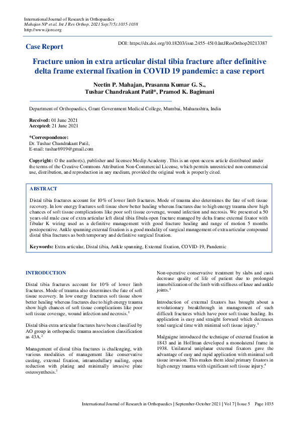 (PDF) Fracture union in extra articular distal tibia fracture after definitive delta frame ...