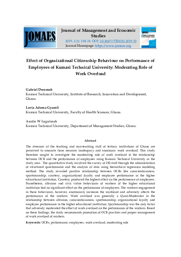 (PDF) Effect of Organizational Citizenship Behaviour on Performance of Employees of Kumasi ...