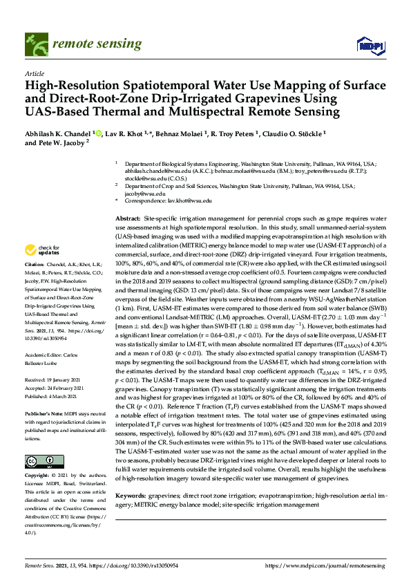 Pdf High Resolution Spatiotemporal Water Use Mapping Of Surface And Direct Root Zone Drip