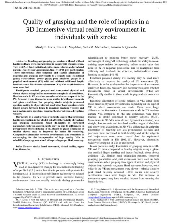(PDF) Quality of Grasping and the Role of Haptics in a 3-D Immersive Virtual Reality Environment ...