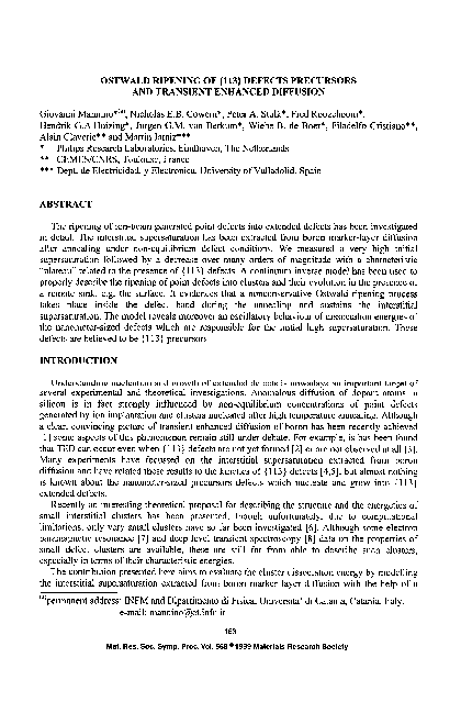 (PDF) Ostwald Ripening of {113} Defects Precursors and Transient Enhanced Diffusion