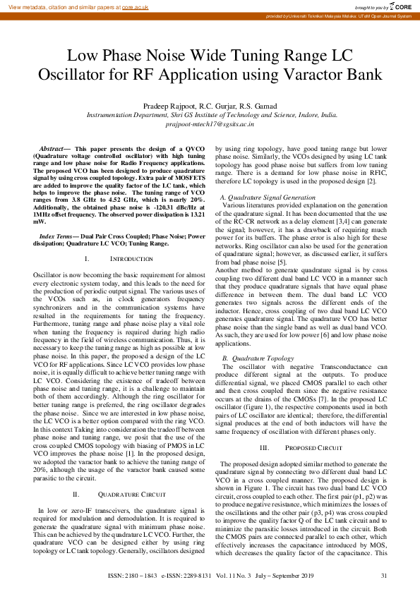 (PDF) Low Phase Noise Wide Tuning Range LC Oscillator for RF Application Using Varactor Bank