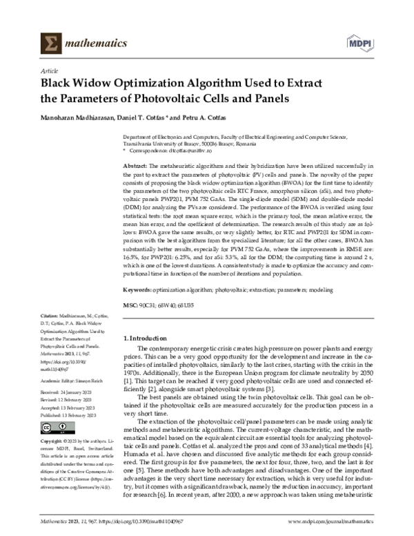 Pdf Black Widow Optimization Algorithm Used To Extract The Parameters Of Photovoltaic Cells 4062