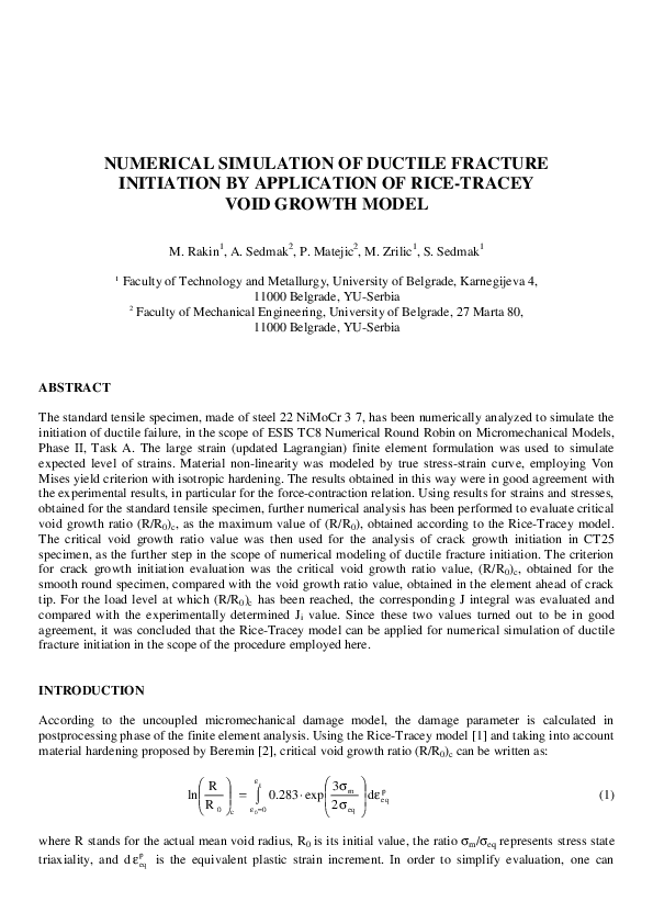 Pdf Numerical Simulation Of Ductile Fracture Initiation By