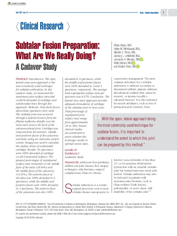 (PDF) Subtalar Fusion Preparation: What Are We Really Doing? A Cadaver ...