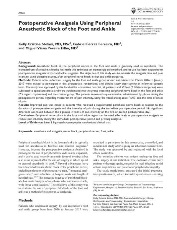 (PDF) Postoperative Analgesia Using Peripheral Anesthetic Block of the ...