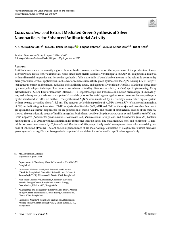(PDF) Cocos nucifera Leaf Extract Mediated Green Synthesis of Silver Nanoparticles for Enhanced ...