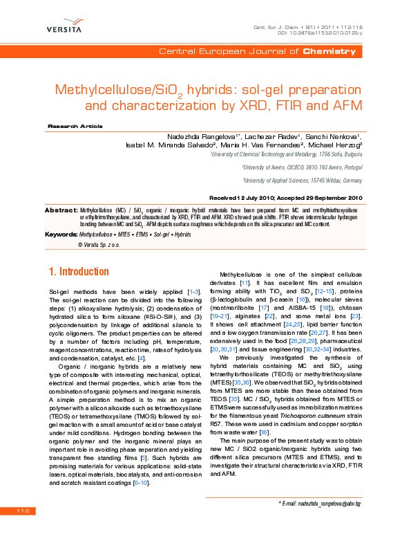 (PDF) Methylcellulose/SiO2 hybrids: sol-gel preparation and characterization by XRD, FTIR and AFM