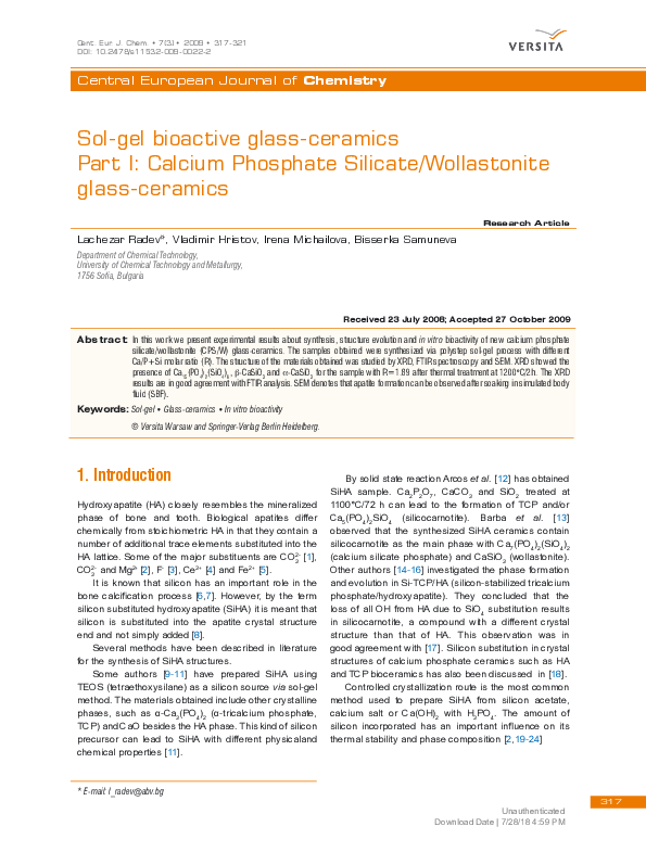 (PDF) Sol-gel bioactive glass-ceramics Part I: Calcium phosphate silicate/wollastonite glass ...