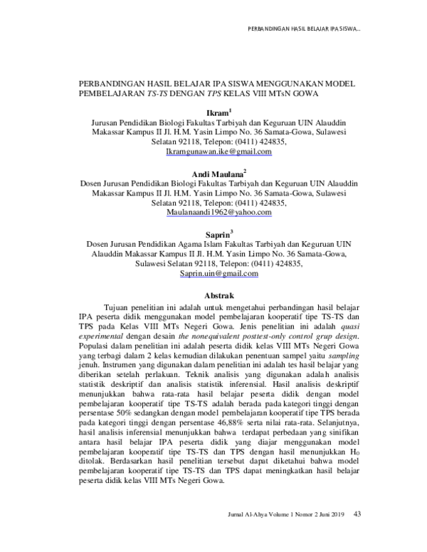 (PDF) PERBANDINGAN HASIL BELAJAR IPA SISWA MENGGUNAKAN MODEL PEMBELAJARAN TS-TS DENGAN TPS KELAS ...