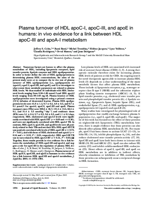 (PDF) Plasma turnover of HDL apoC-I, apoC-III, and apoE in humans ...