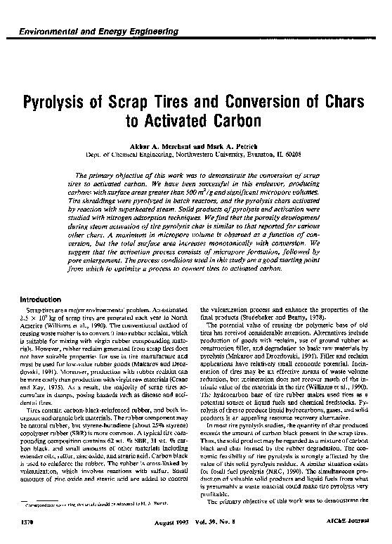 (PDF) Pyrolysis of scrap tires and conversion of chars to activated carbon
