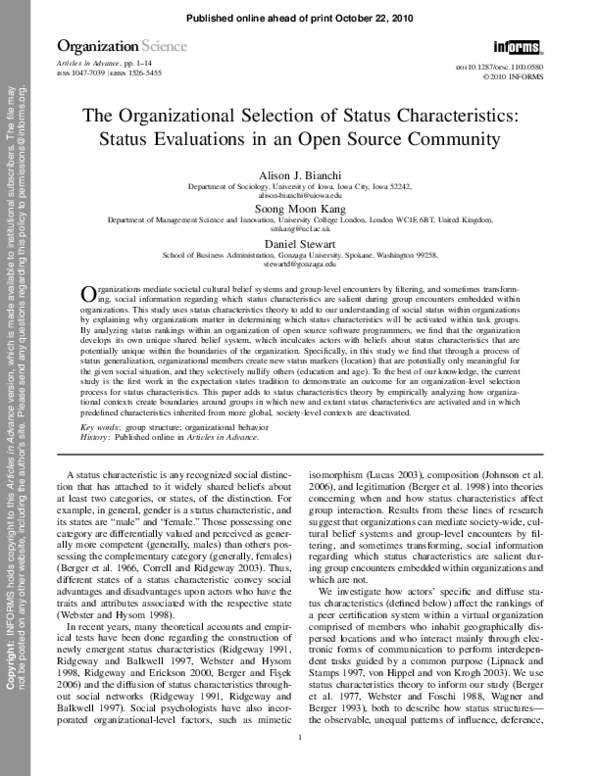 (PDF) The Organizational Selection of Status Characteristics: Status ...