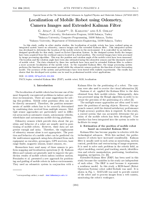 Pdf Localization Of Mobile Robot Using Odometry Camera Images And Extended Kalman Filter