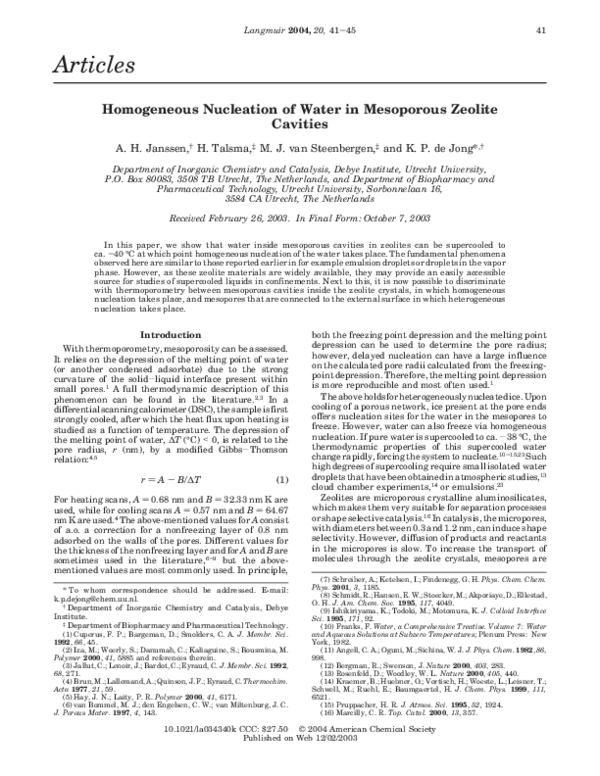 (PDF) Homogeneous Nucleation of Water in Mesoporous Zeolite Cavities