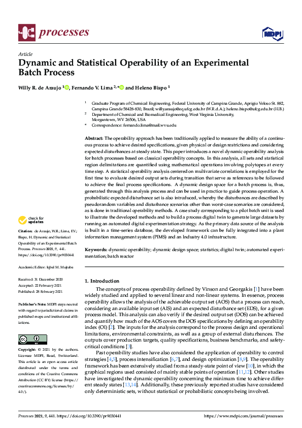 (PDF) Dynamic and Statistical Operability of an Experimental Batch Process