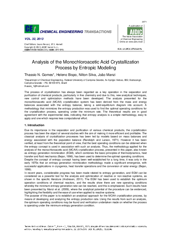 (PDF) Analysis of the Monochloroacetic Acid Crystallization Process by Entropic Modeling