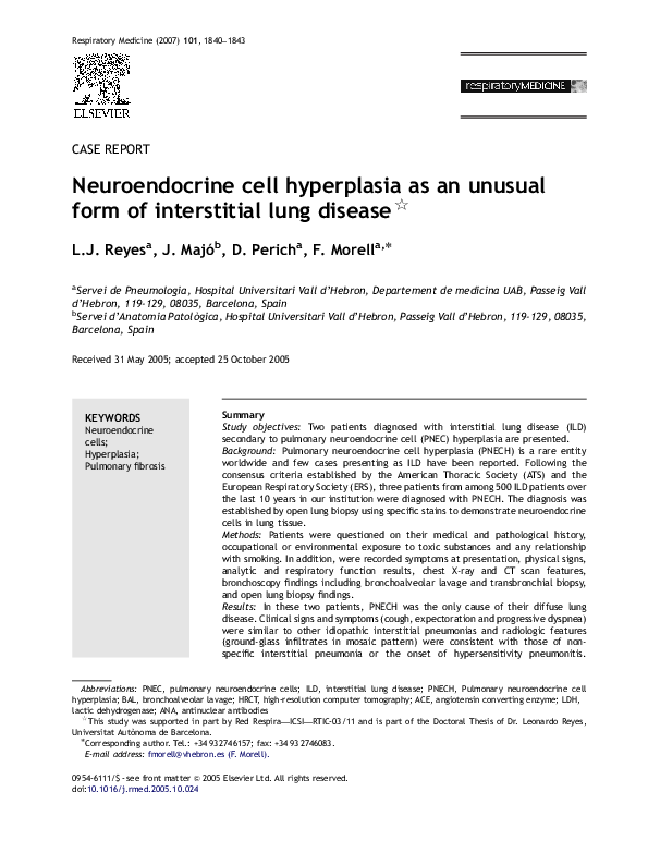 (PDF) Neuroendocrine cell hyperplasia as an unusual form of interstitial lung disease