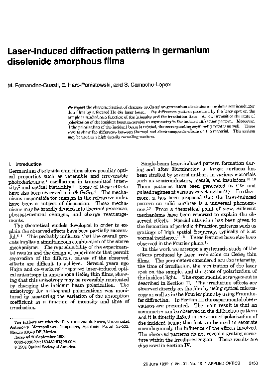 Laser-induced diffraction patterns in germanium diselenide amorphous films