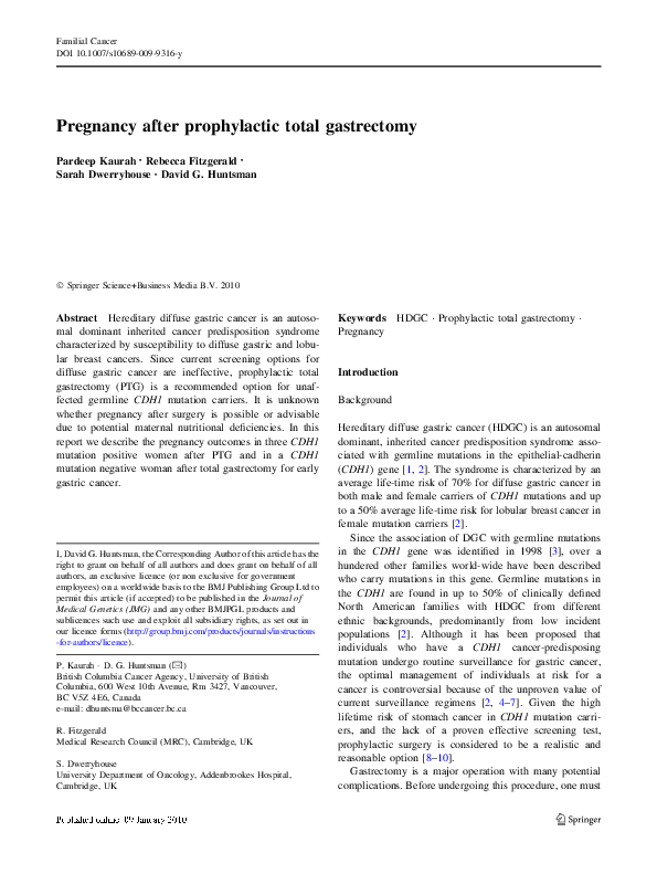 (PDF) Pregnancy after prophylactic total gastrectomy