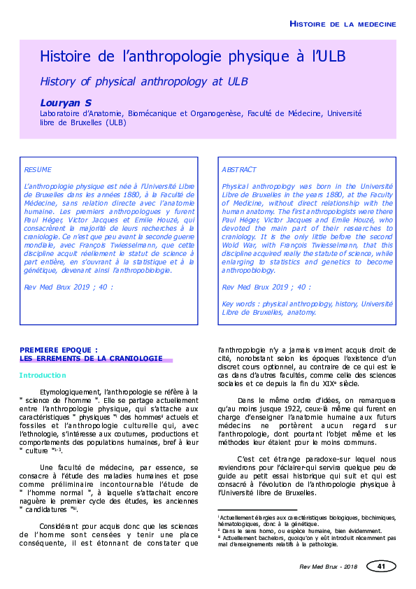 (PDF) Histoire de l’anthropologie physique à l’ULB