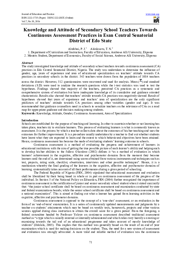 (PDF) Knowledge and Attitude of Secondary School Teachers Towards Continuous Assessment ...
