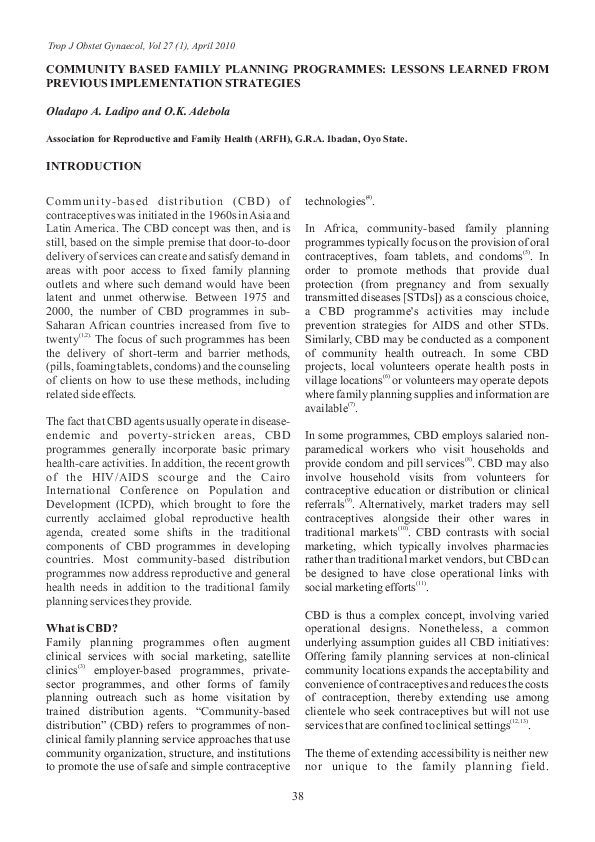 (PDF) Community based family planning programmes: Lessons learned from previous implementation ...