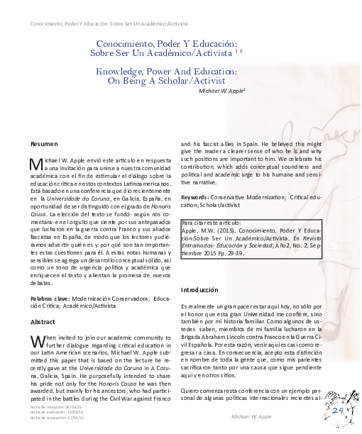 (PDF) Conocimiento, poder y educación: sobre ser un académico/activista