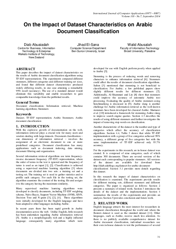 (PDF) Impact of Dataset Features on Arabic Document Classification