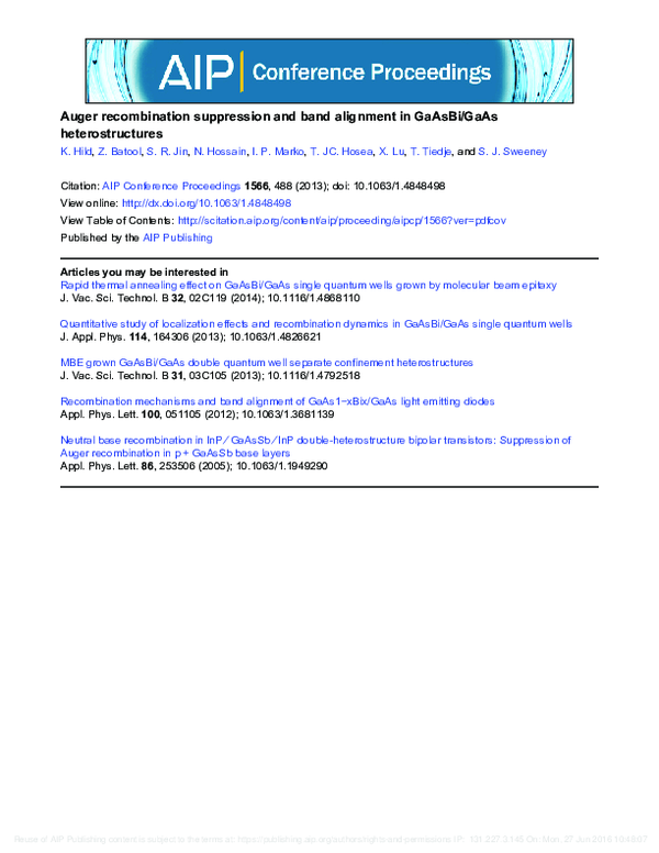 (PDF) Auger recombination suppression and band alignment in GaAsBi/GaAs ... (PDF) Auger recombination suppression and band alignment in GaAsBi/GaAs ...