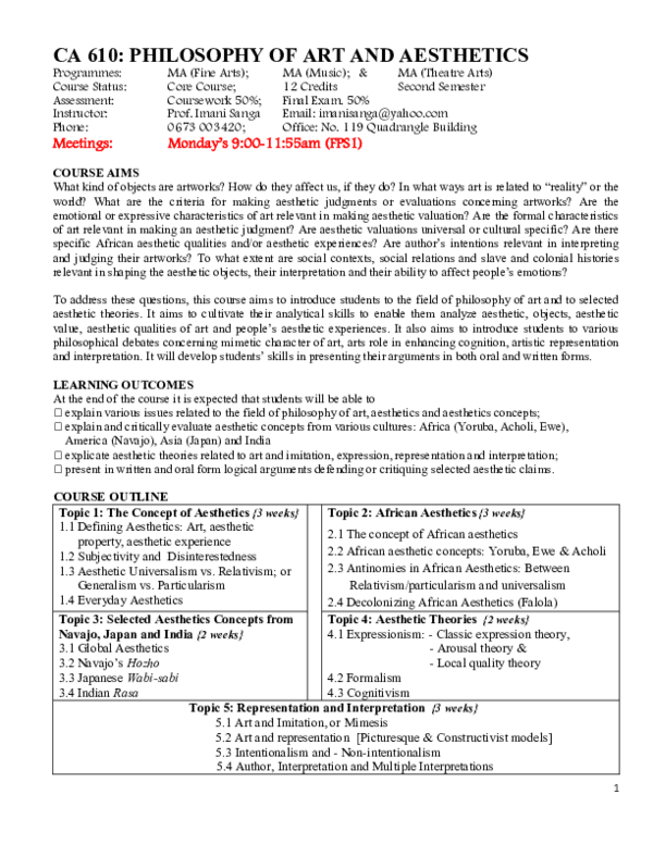 (PDF) PHILOSOPHY OF ART AND AESTHETICS - (CA 610) - Course Outline