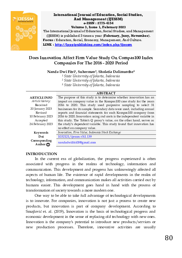 (PDF) Does Innovation Affect Firm Value Study On Compas100 Index ...