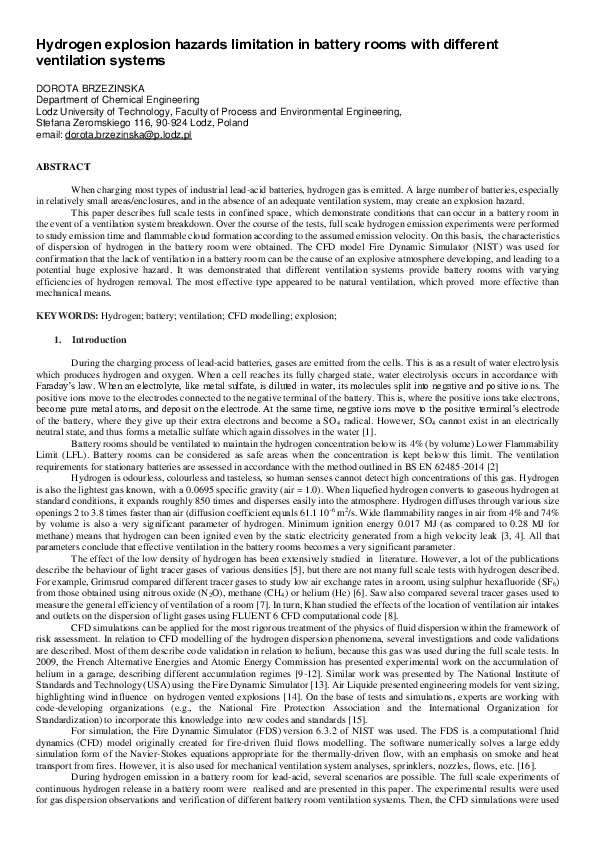 (PDF) Hydrogen explosion hazards limitation in battery rooms with ...