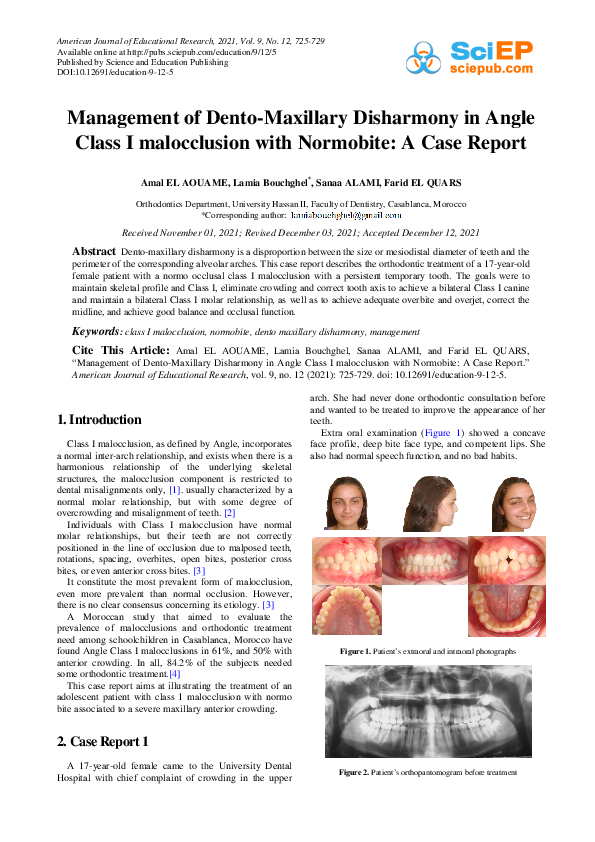 (PDF) Management of Dento-Maxillary Disharmony in Angle Class I malocclusion with Normobite: A ...