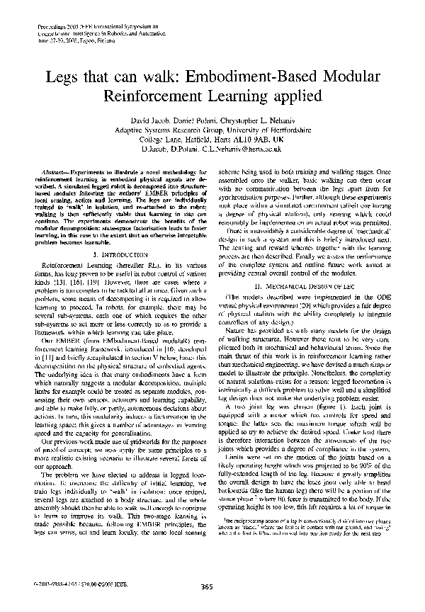 (PDF) Legs that can walk: Embodiment-Based Modular Reinforcement Learning applied
