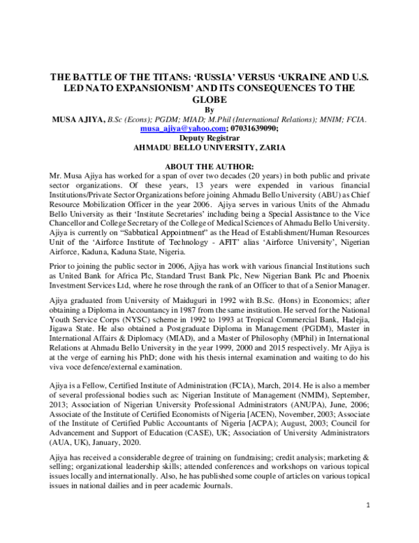 (PDF) The Battle of the Titans: ‘Russia’ Versus ‘Ukraine and U.S. Led ...