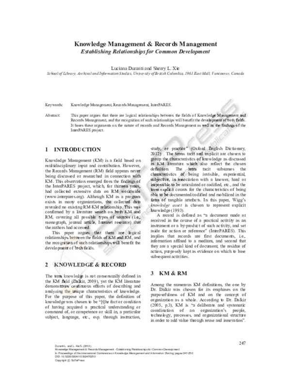 (PDF) Knowledge Management Records Management - Establishing Relationships for Common Development