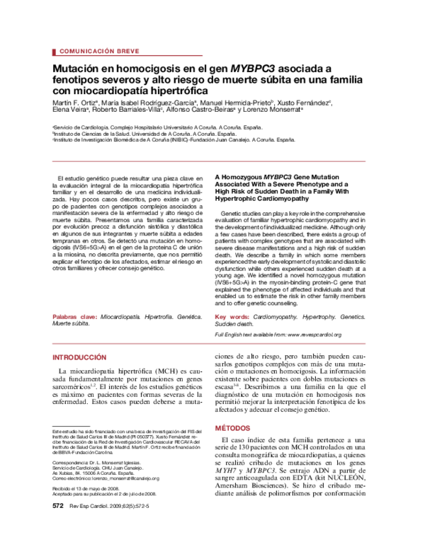 (PDF) Mutación en homocigosis en el gen MYBPC3 asociada a fenotipos ...