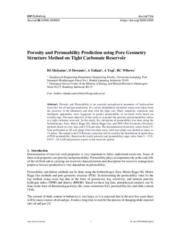 Pdf Porosity And Permeability Prediction Using Pore Geometry Structure Method On Tight
