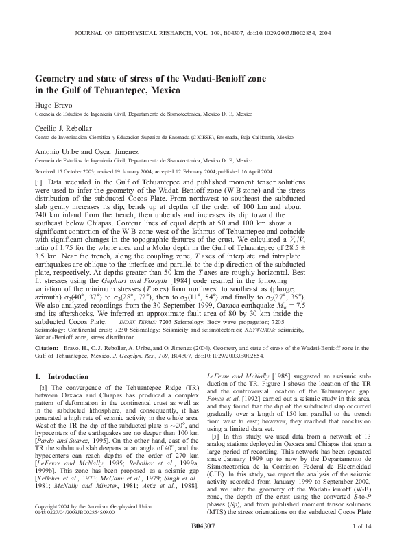 (PDF) Geometry and state of stress of the Wadati-Benioff zone in the ...