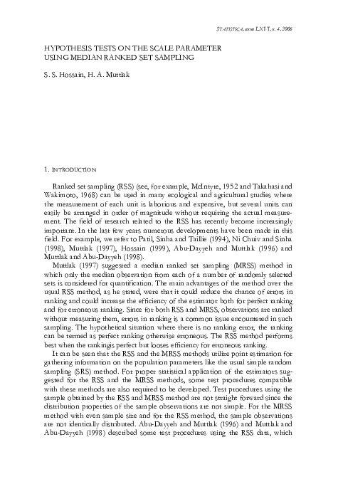 Pdf Hypothesis Tests On The Scale Parameter Using Median Ranked Set Sampling